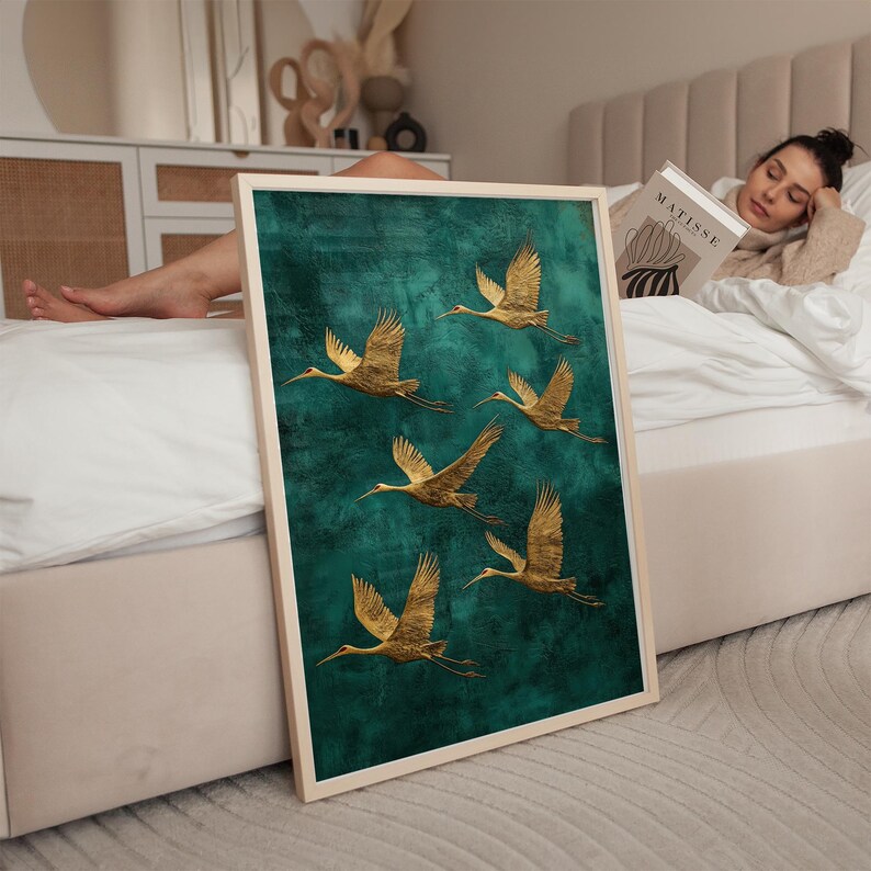 Golden Cranes Wall Art | Elegant Crane Painting Poster | Luxury Gold ...