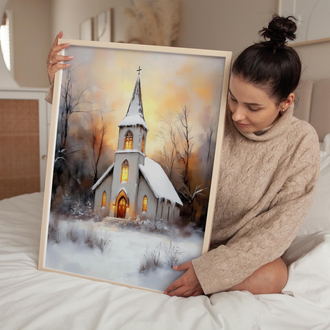 Snowy Winter Church Wall Art, Cozy Evening Chapel Wall Art, Christmas ...