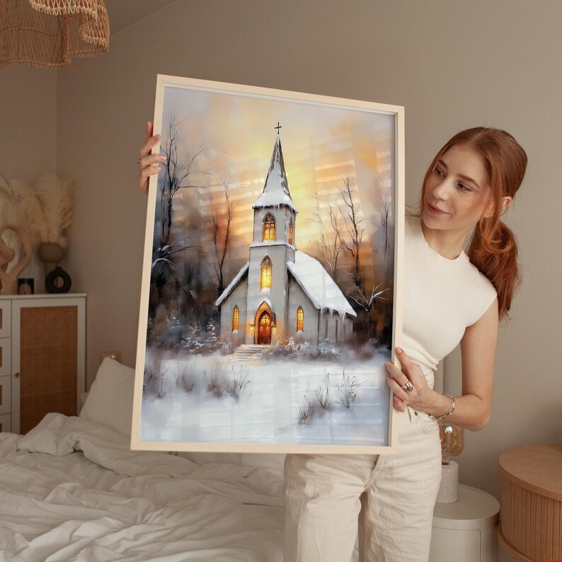Snowy Winter Church Wall Art, Cozy Evening Chapel Wall Art, Christmas ...