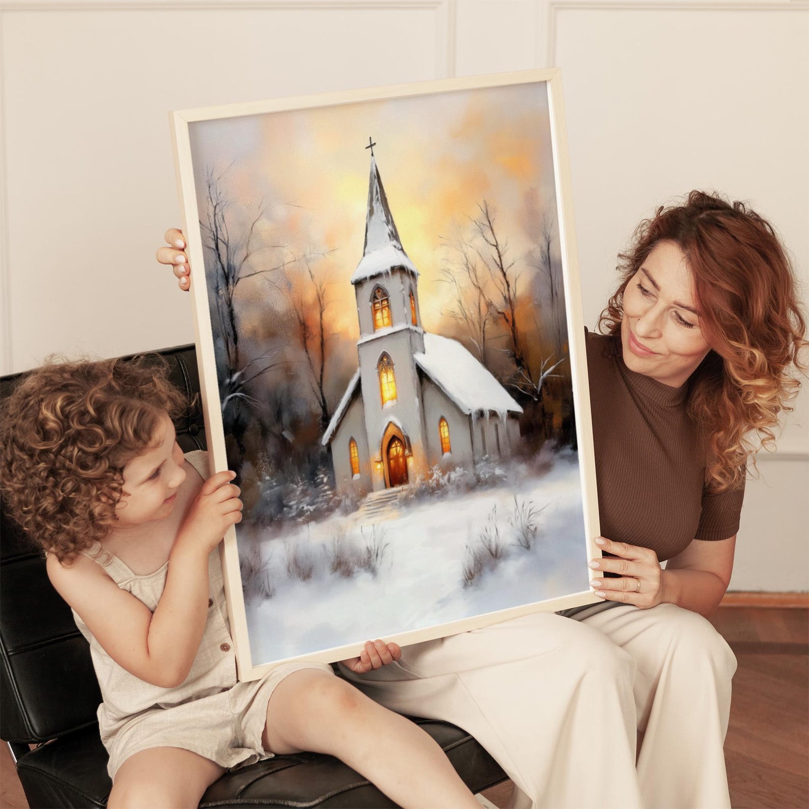 Snowy Winter Church Wall Art, Cozy Evening Chapel Wall Art, Christmas ...