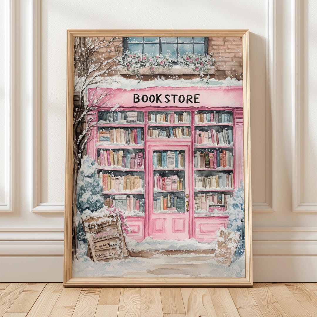 Snowy Pink Bookstore Wall Art, Cozy Bookshop Print, Bookish Winter ...