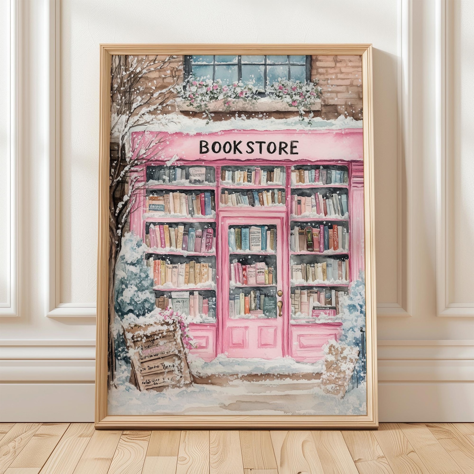 Snowy Pink Bookstore Wall Art, Cozy Bookshop Print, Bookish Winter ...