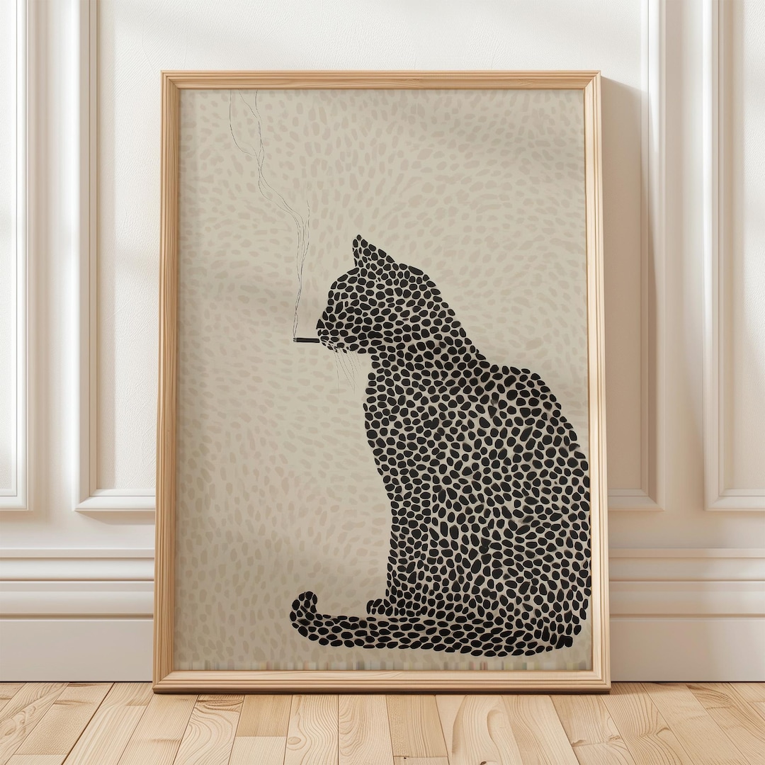 Smoking Cat Dot Art, Black Cat Stipple Painting Print, Minimalist ...