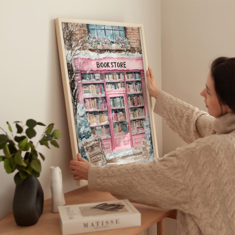 Snowy Pink Bookstore Wall Art, Cozy Bookshop Print, Bookish Winter ...