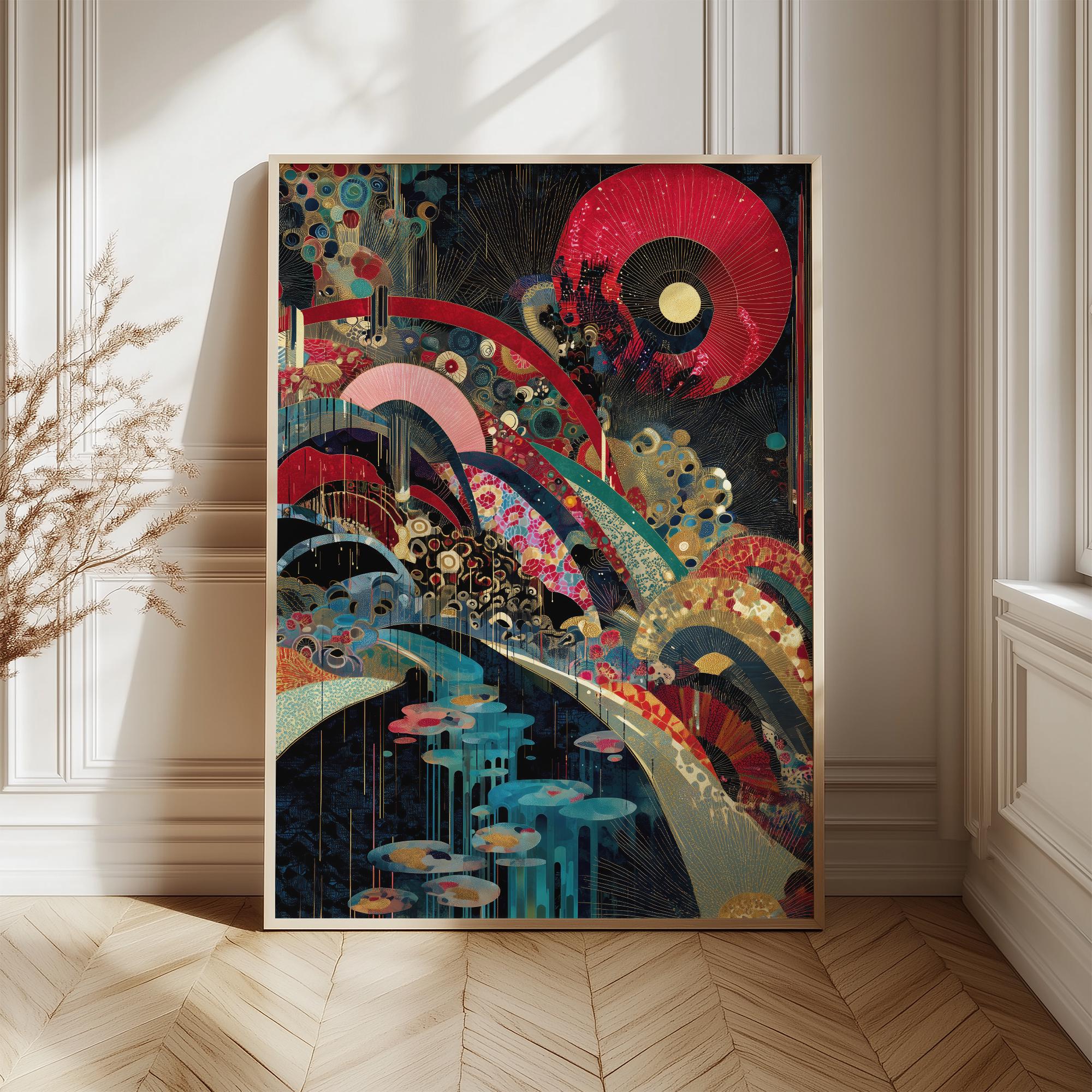 Abstract Japanese Style Wall Art Red Gold Black Digital Print Modern ...