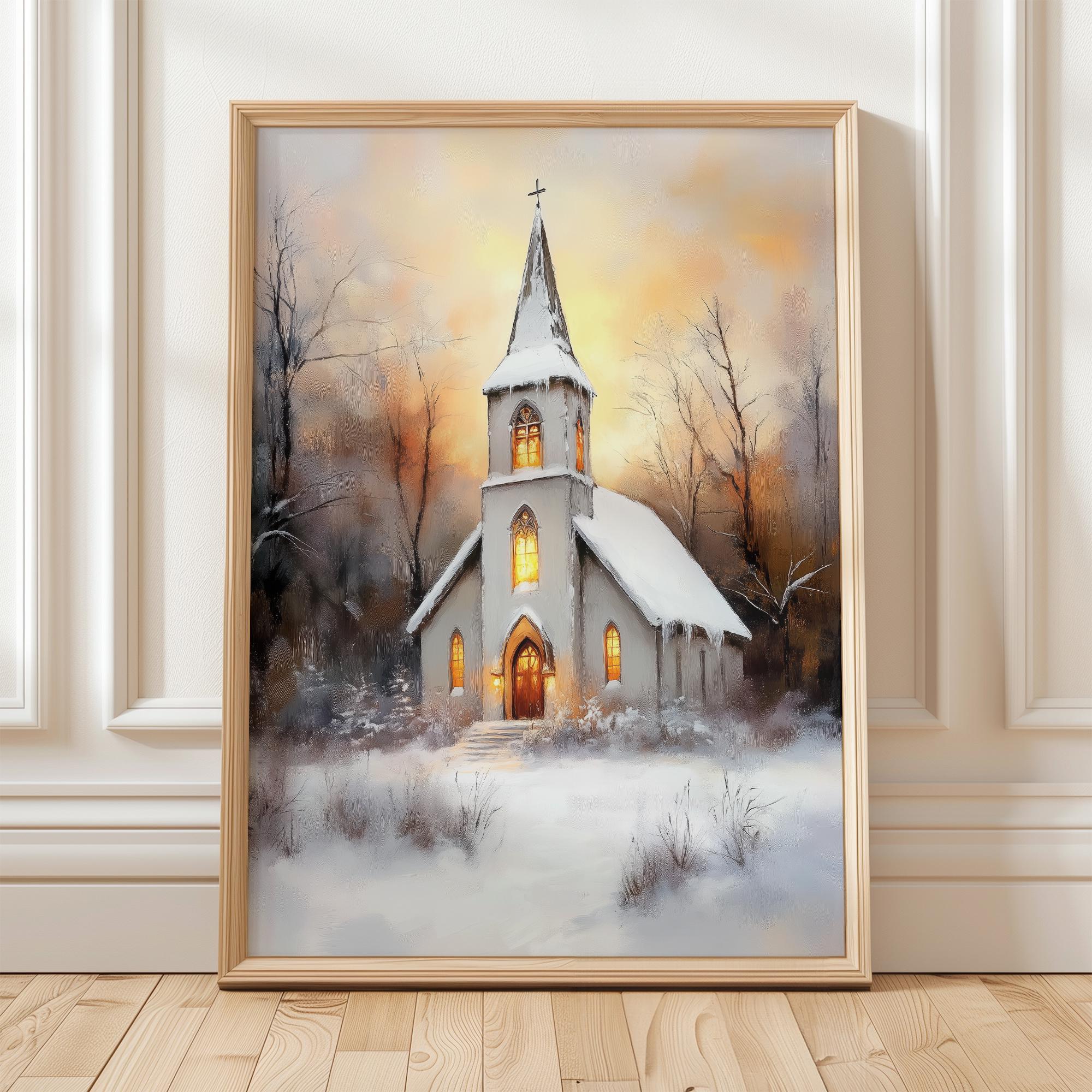 Snowy Winter Church Wall Art, Cozy Evening Chapel Wall Art, Christmas ...