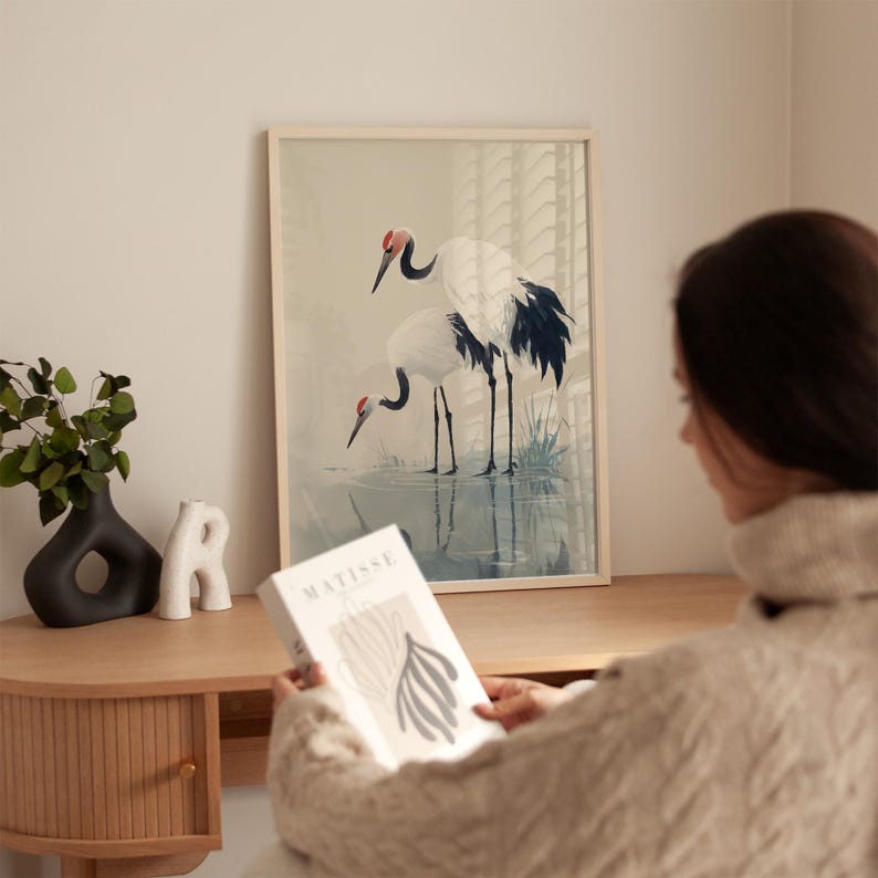 Elegant Crane Wall Art Minimal Japanese Bird Print Serene Water ...