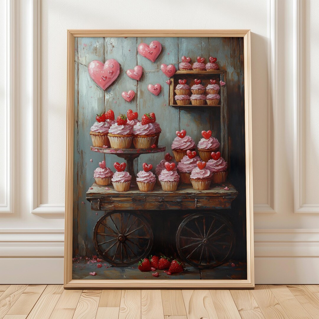 Valentine Cupcake Cart Art Print, Strawberry Heart Cupcakes Digital ...