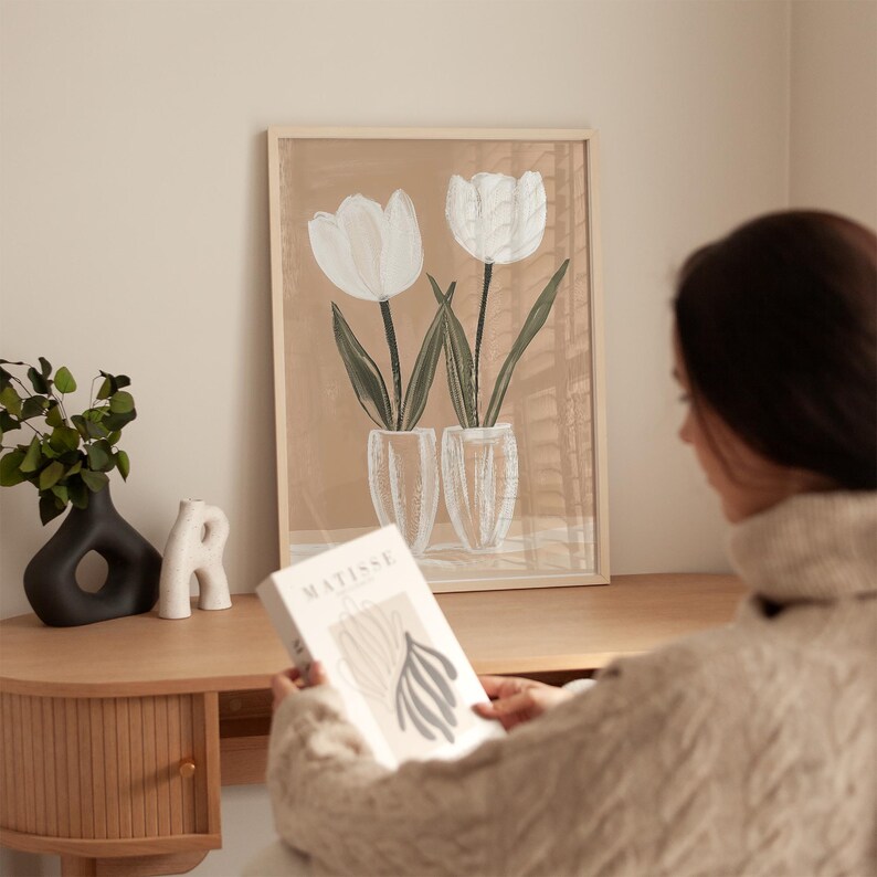 White Tulip Wall Art Neutral Botanical Flower Print Minimalist Floral ...
