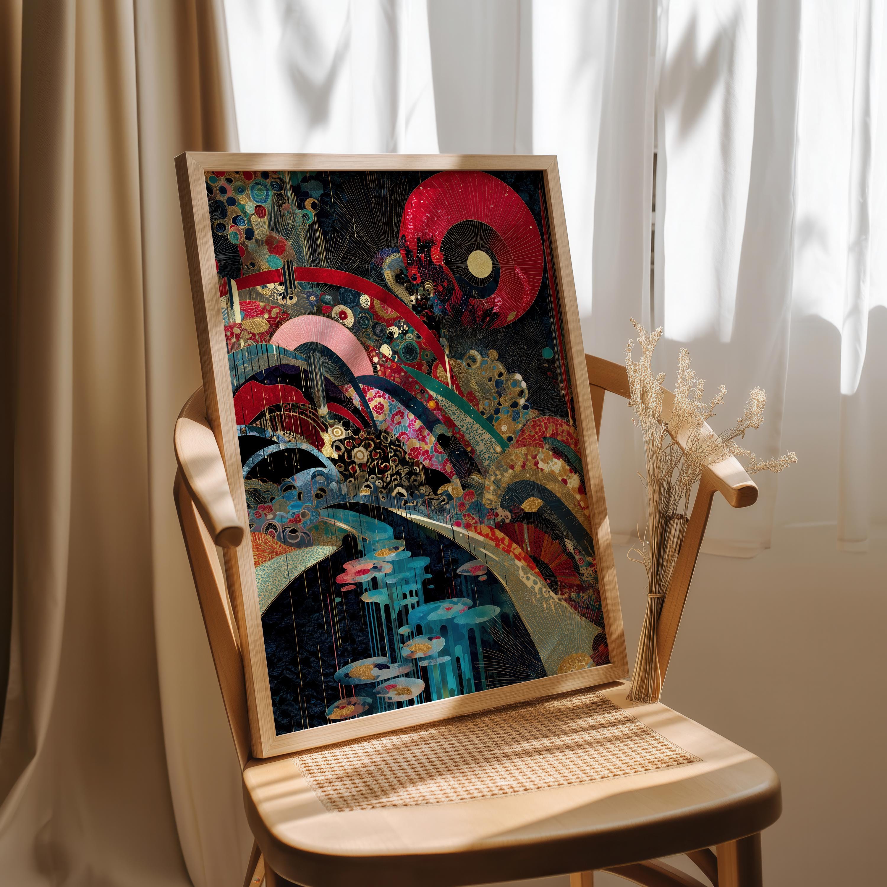 Abstract Japanese Style Wall Art Red Gold Black Digital Print Modern ...