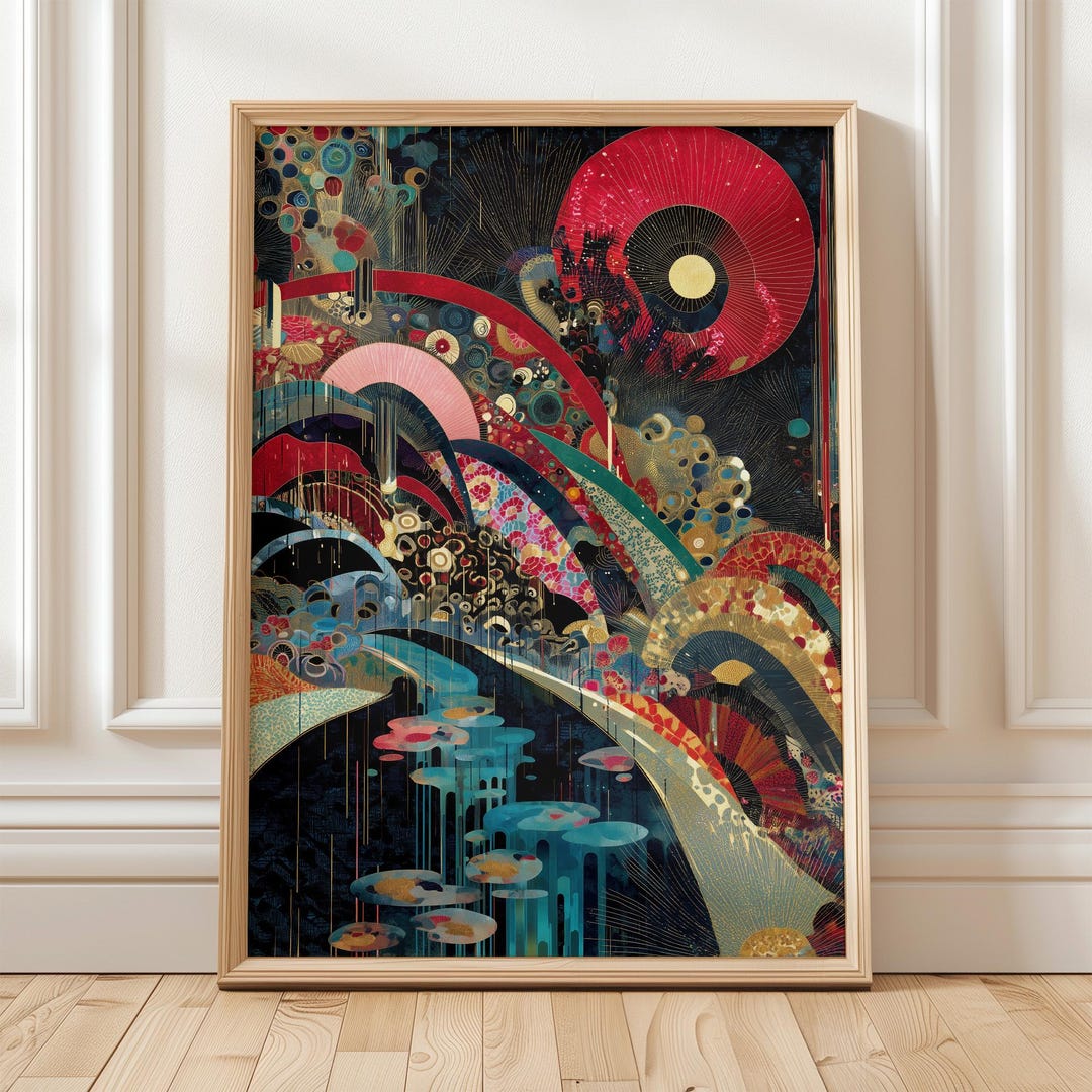 Abstract Japanese Style Wall Art Red Gold Black Digital Print Modern ...