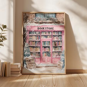 Snowy Pink Bookstore Wall Art, Cozy Bookshop Print, Bookish Winter ...