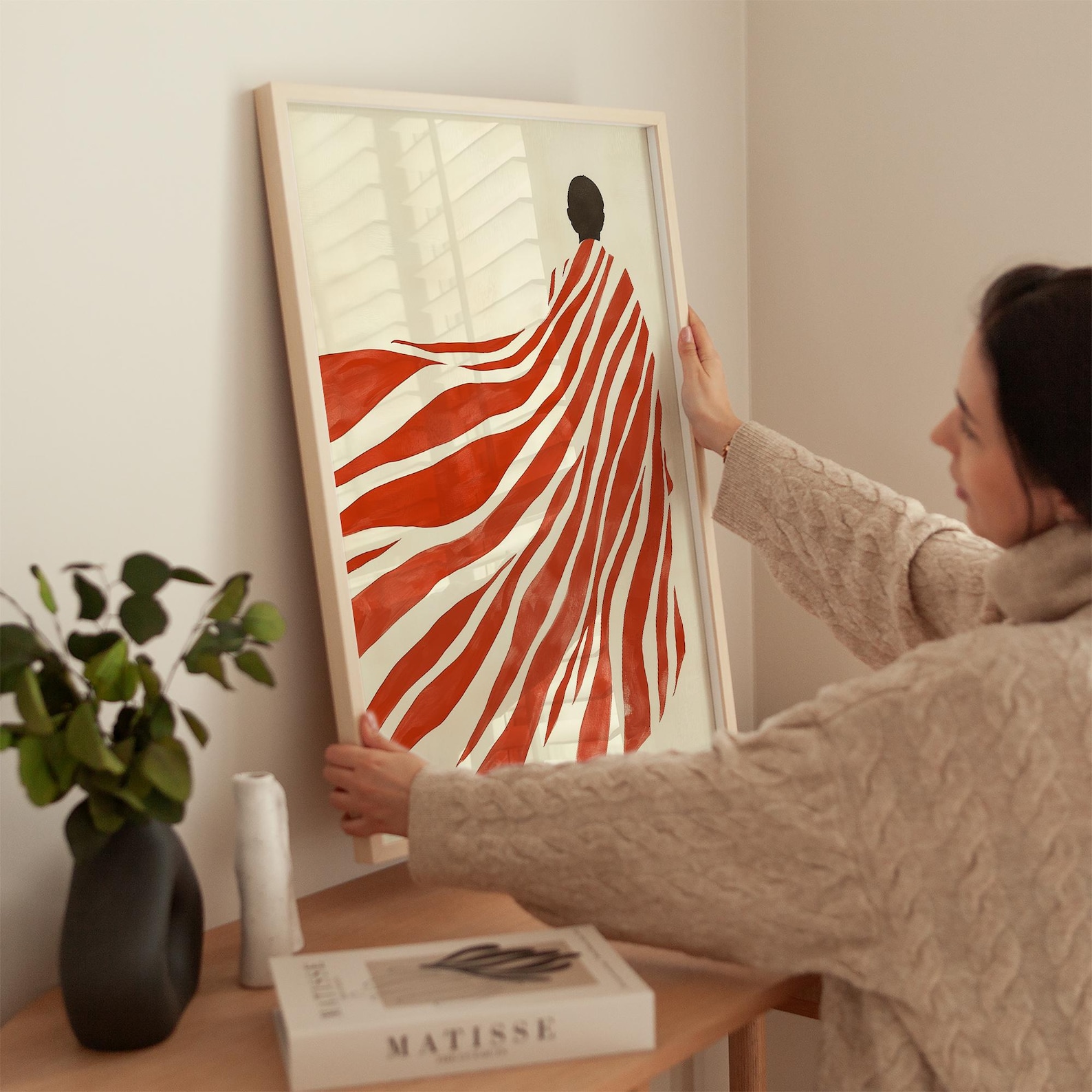 Red Striped Abstract Figure Print, Large Wall Art, Minimalist Modern ...