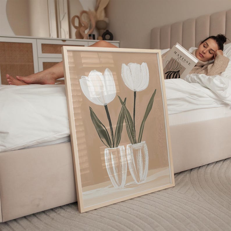 White Tulip Wall Art Neutral Botanical Flower Print Minimalist Floral ...