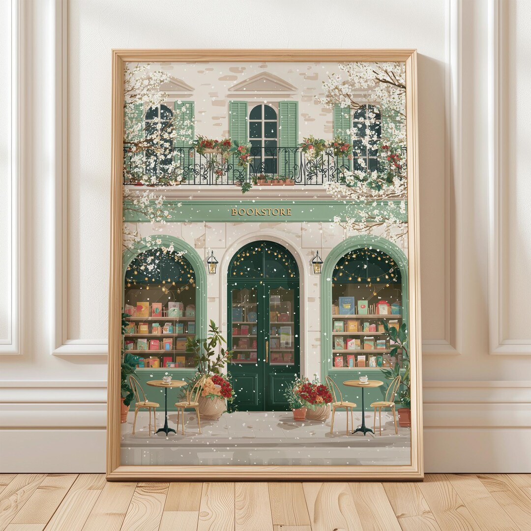 Paris Bookstore Art, Winter Cafe Print, Snowy Street Scene, Cozy ...