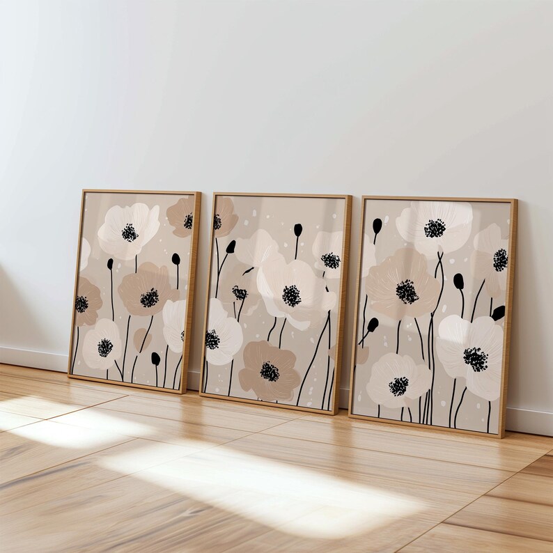 Beige Floral Wall Art Set Neutral Flower Triptych Modern Botanical ...