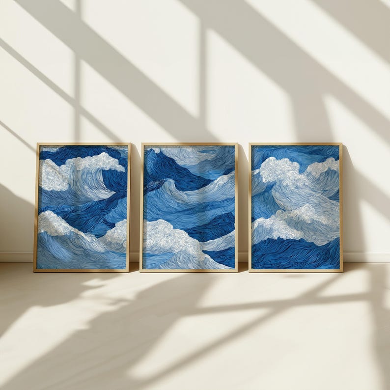 Ocean Wave Wall Art Set Blue Sea Digital Prints Coastal Triptych Poster ...