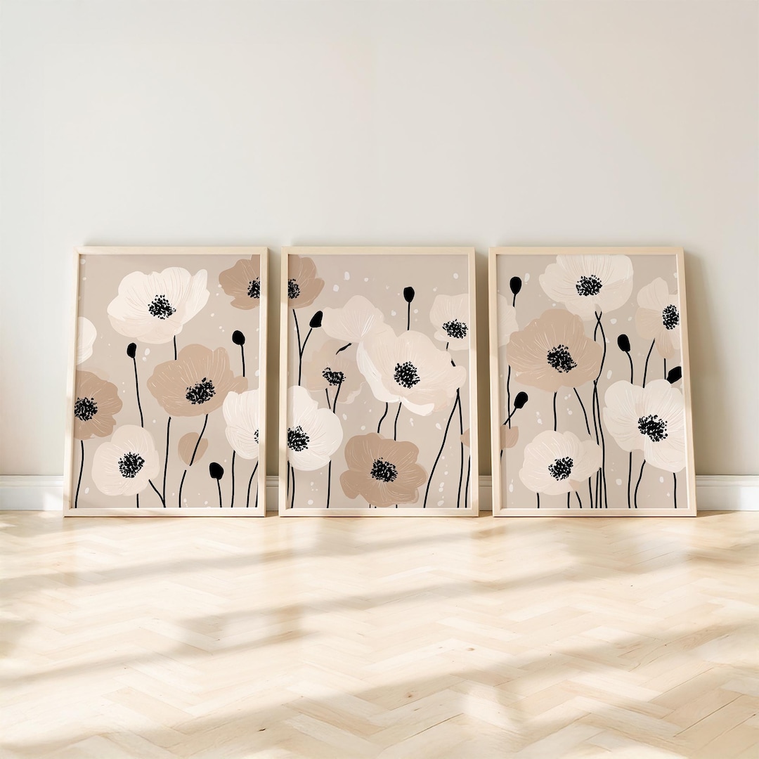 Beige Floral Wall Art Set Neutral Flower Triptych Modern Botanical ...