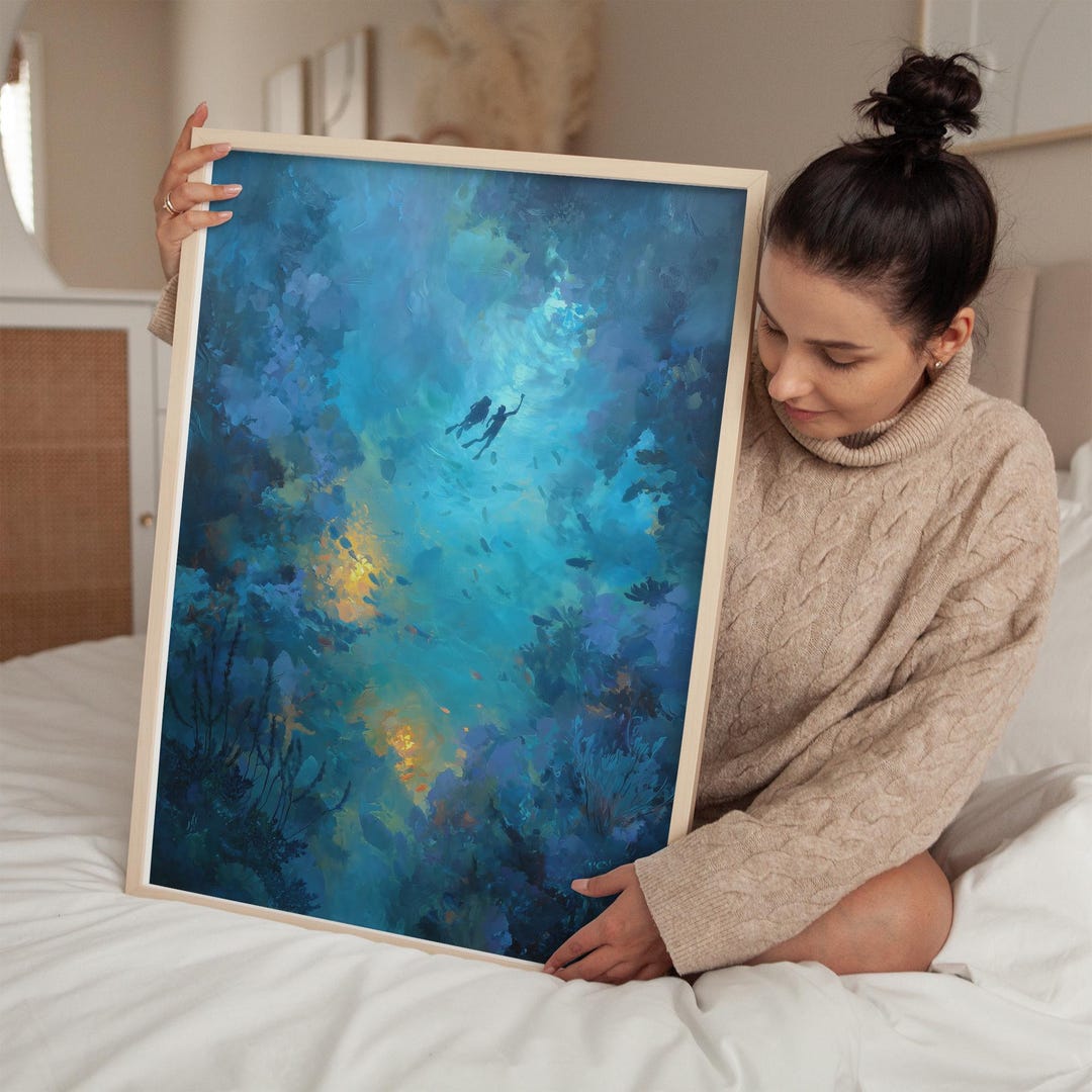 Underwater Ocean Wall Art Scuba Divers Blue Marine Painting Jellyfish ...