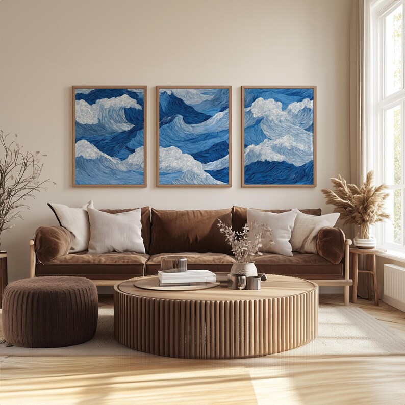 Ocean Wave Wall Art Set Blue Sea Digital Prints Coastal Triptych Poster ...