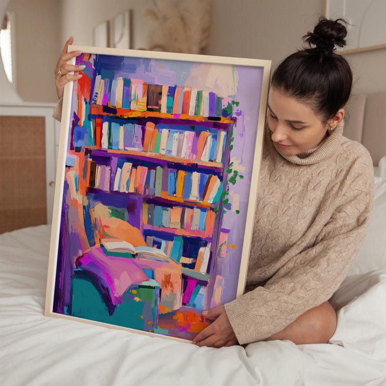 Colorful Abstract Bookshelf Art | Vibrant Reading Corner Digital Print ...