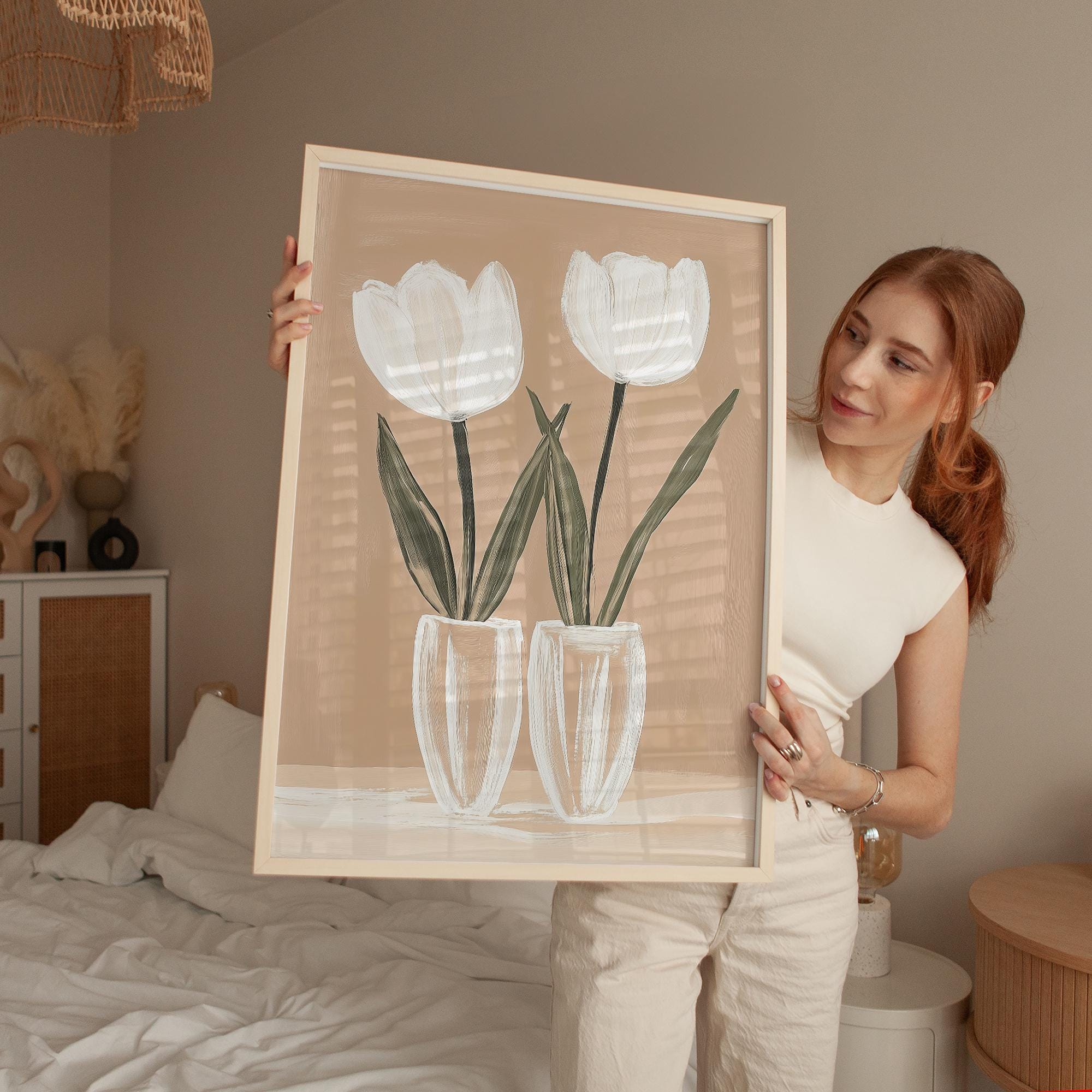 White Tulip Wall Art Neutral Botanical Flower Print Minimalist Floral ...