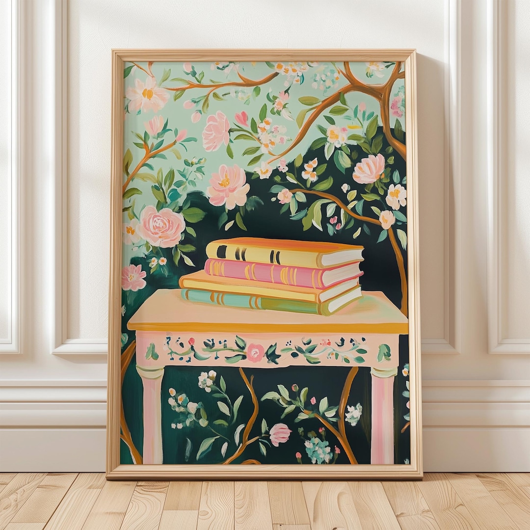 Floral Bookshelf Wall Art, Classic Home Library Print, Cozy Reading ...