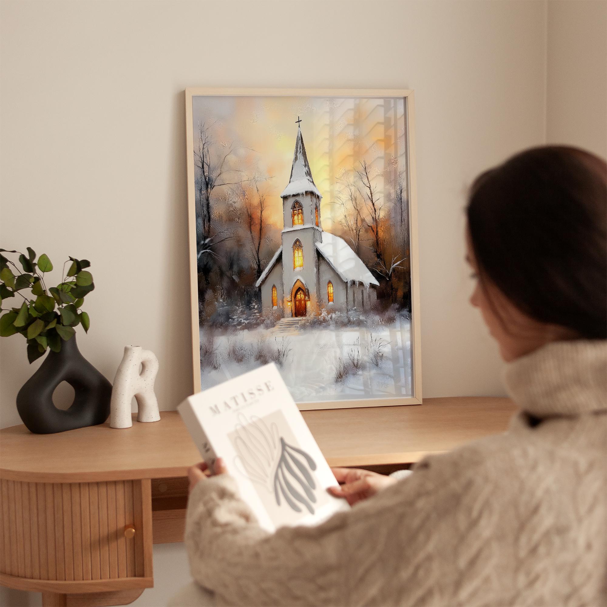 Snowy Winter Church Wall Art, Cozy Evening Chapel Wall Art, Christmas ...