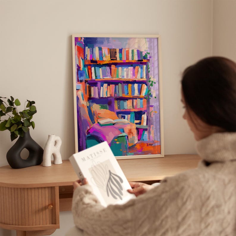 Colorful Abstract Bookshelf Art | Vibrant Reading Corner Digital Print ...