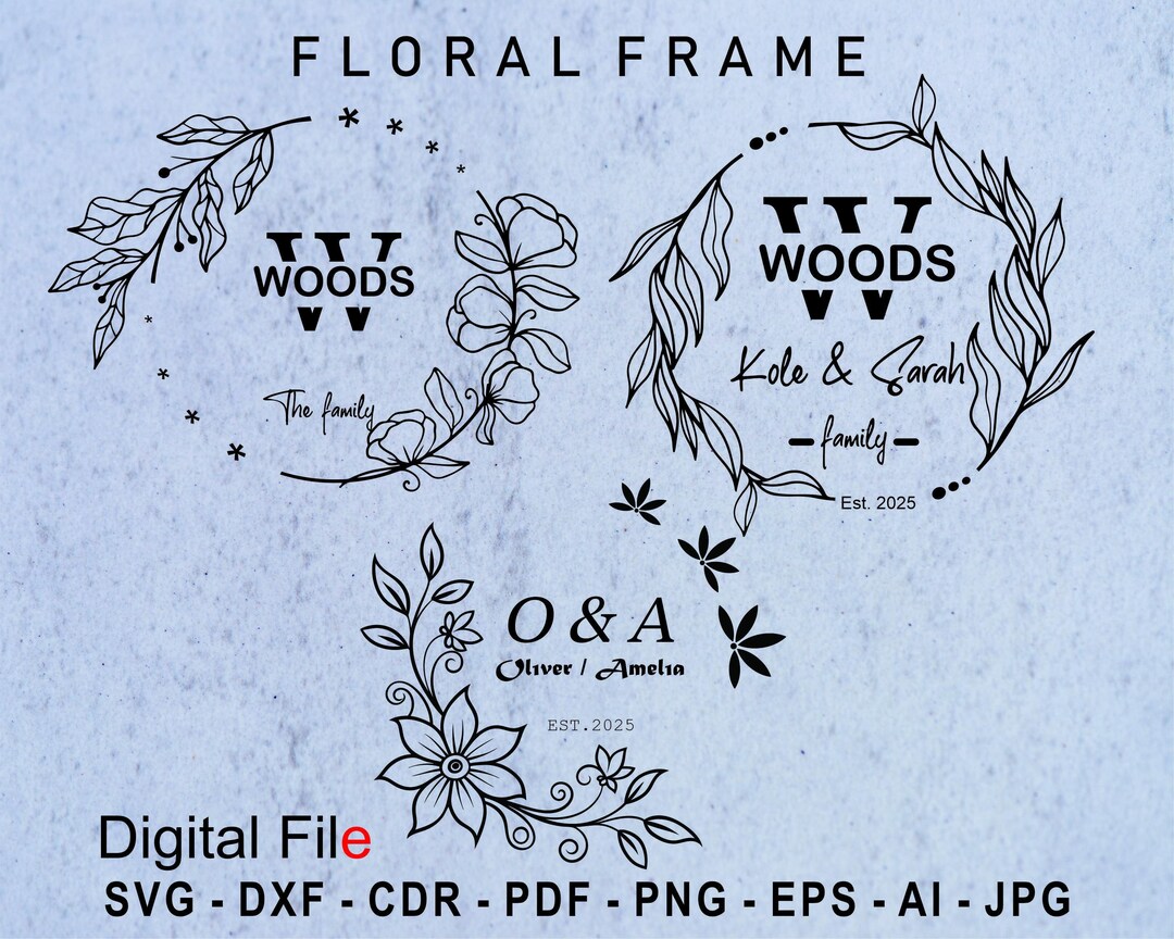 Floral Frame Monogram SVG Bundle: Wedding Last Name Design (digital ...