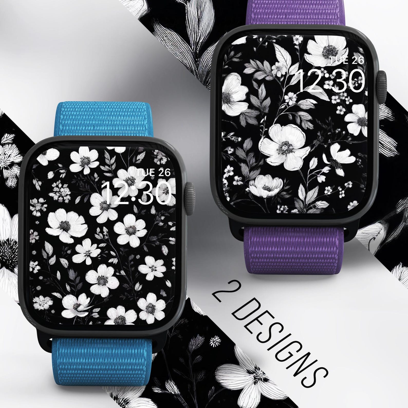 Black & White Floral Apple Watch Face Wallpaper, High Contrast Floral ...