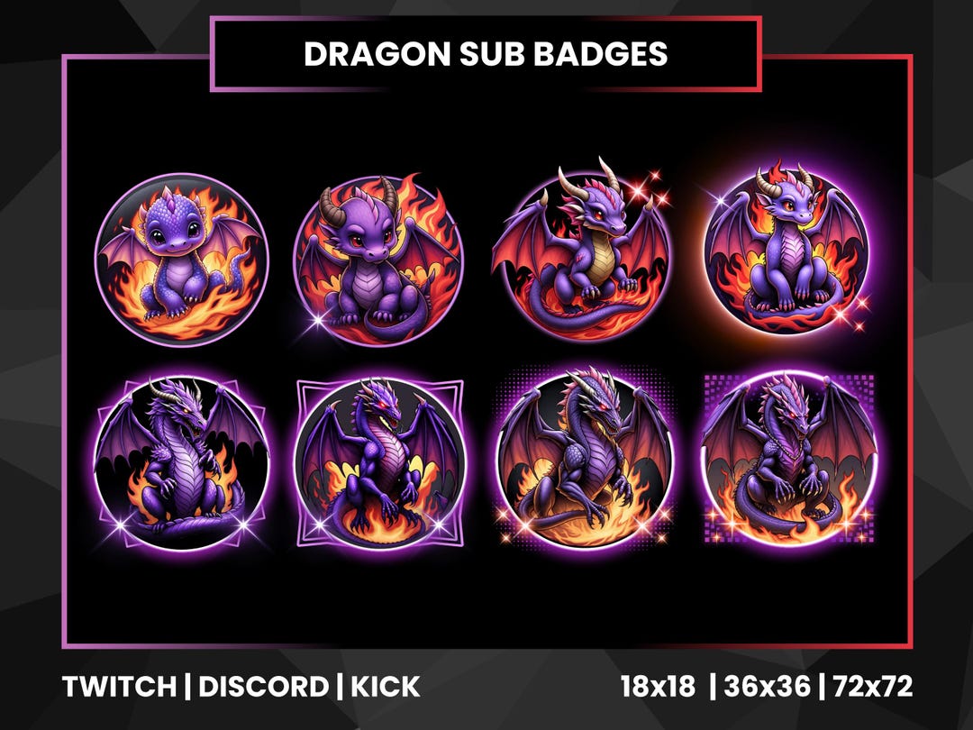 Purple Fire Dragon Sub Badges for Twitch Kick Discord | Loyalty Stream ...