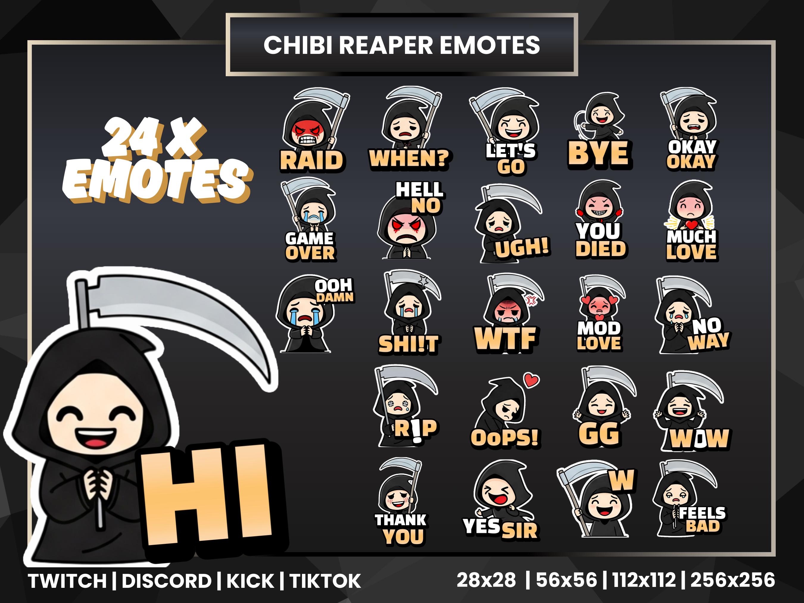 24 Chibi Reaper Emotes for Twitch, Discord, Kick, Tiktok | Cute Grim ...