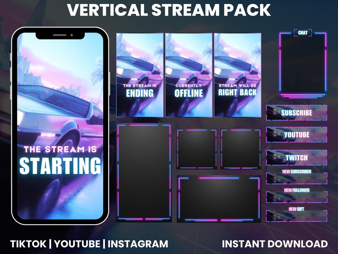 Neon Retro Car Vertical Stream Pack | Synthwave Stream Overlays ...