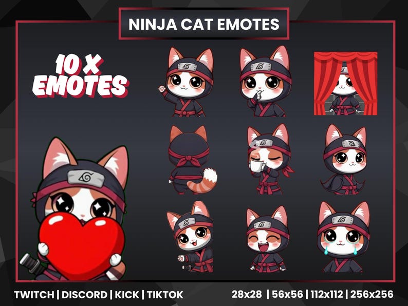 Ninja Cat Emotes for Twitch Discord & Kick | Cute Anime Cat Emote Pack | 10 Streamer Emotes ...