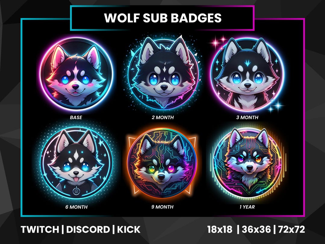 Neon Baby Wolf Badges | Twitch Sub Badges | Bit Badges Twitch | Twitch Badges | Werewolf Badges ...