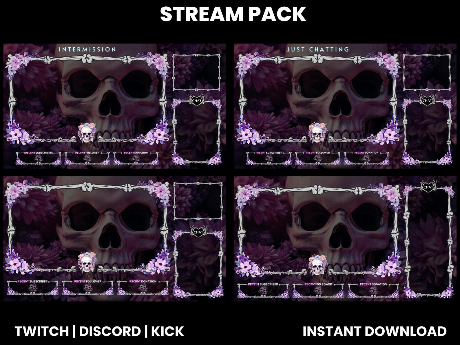 Animated Twitch Stream Pack | Flower Skull Stream Pack | Twitch Screen ...