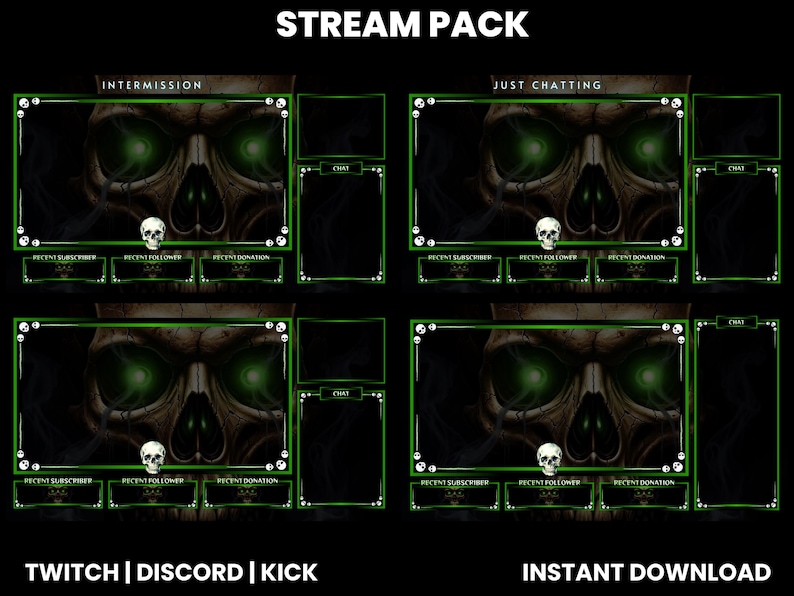 Green Skull Stream Overlay Pack for Twitch OBS Kick | Animated Starting ...
