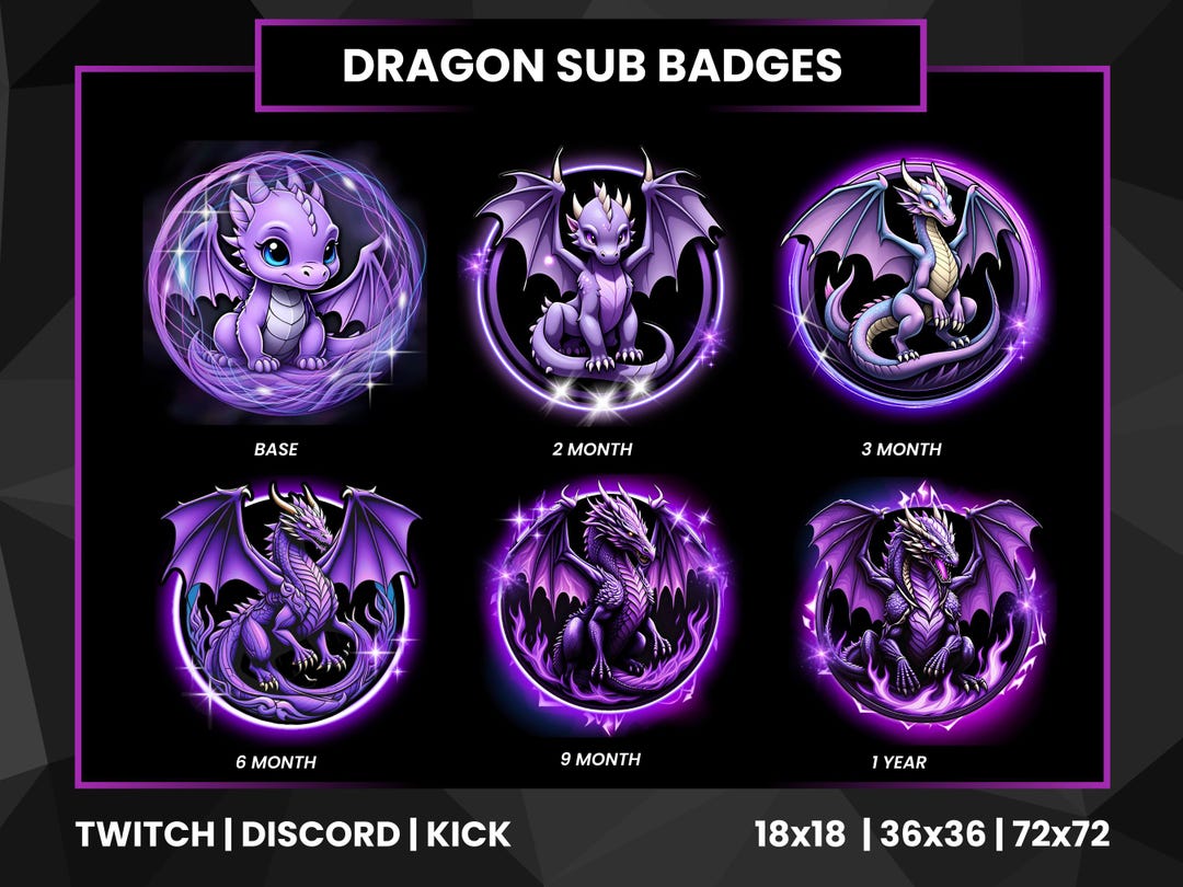 Purple Dragon Sub Badges | Twitch Badges | Bit Badges Twitch | Neon ...