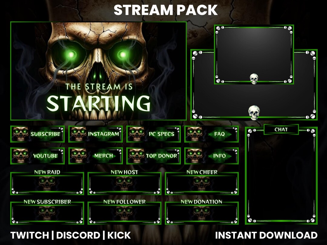Green Skull Stream Overlay Pack for Twitch OBS Kick | Animated Starting ...