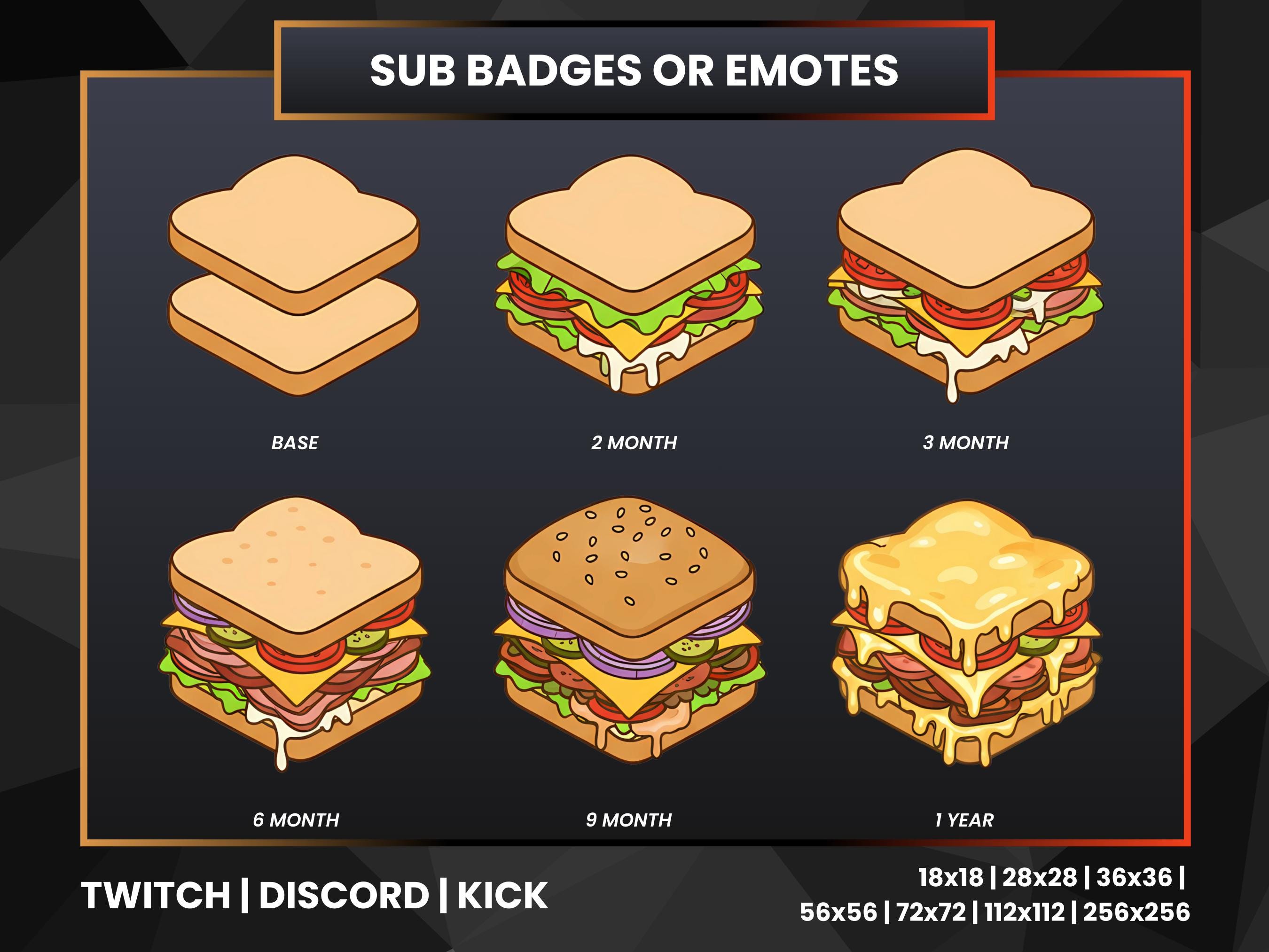 Sandwich Sub Badges for Twitch | Food Stream Badges or Emotes | Cute ...
