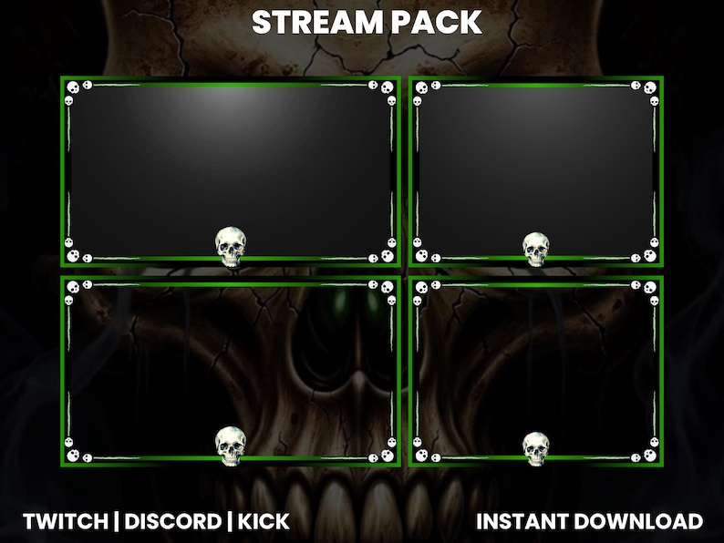 Green Skull Stream Overlay Pack for Twitch OBS Kick | Animated Starting ...