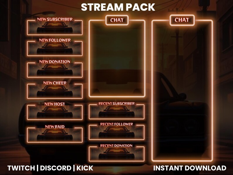 Muscle Car Stream Overlay Pack – Neon Orange Retro Twitch Overlay ...