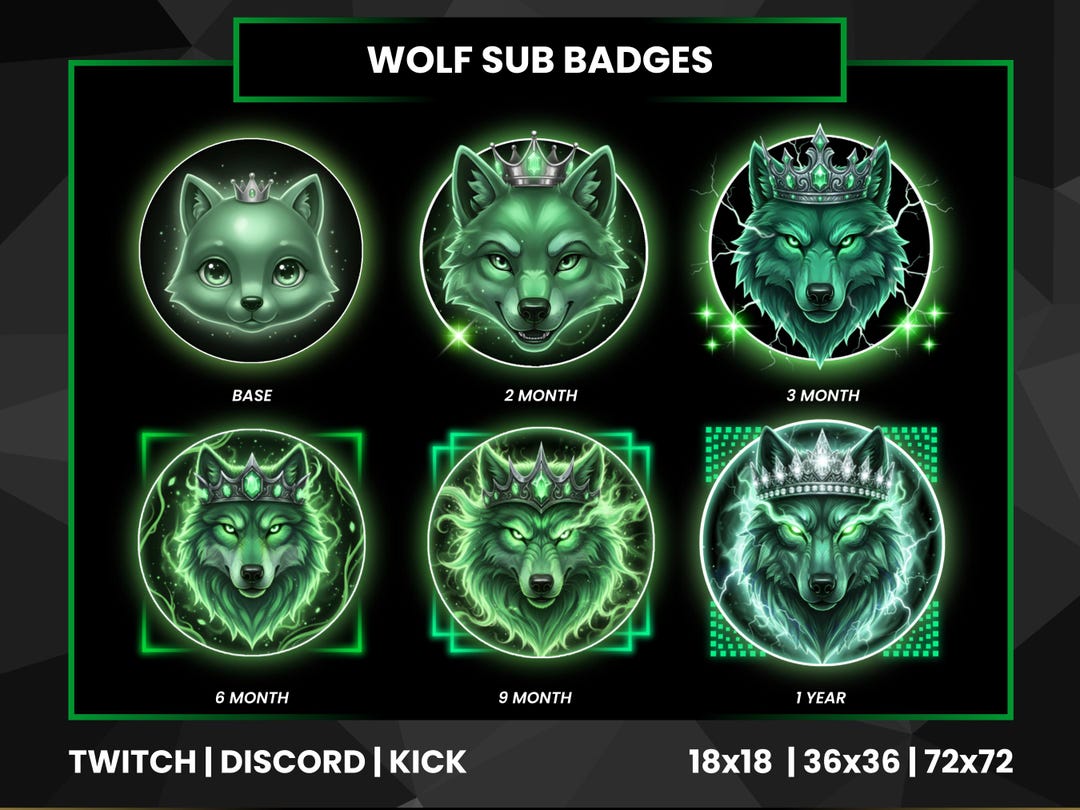 Wolf Twitch Sub Badges | Green Neon Wolf Loyalty Badges | Stream ...