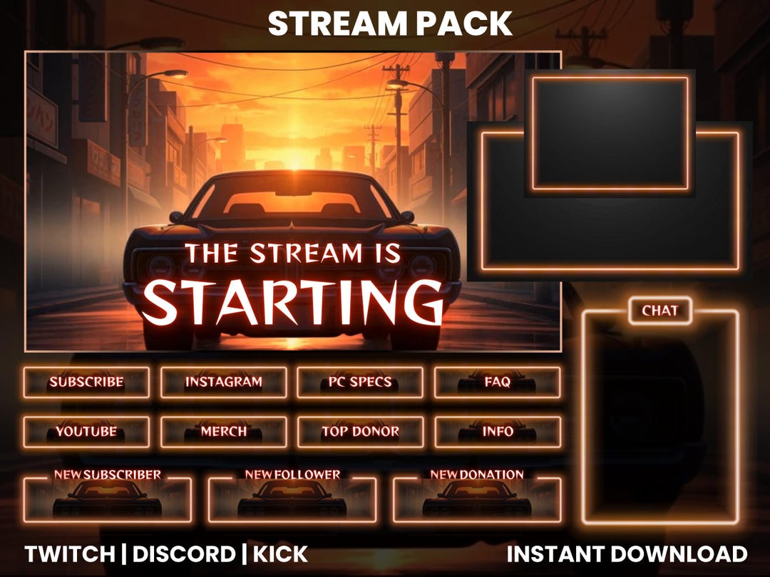 Muscle Car Stream Overlay Pack – Neon Orange Retro Twitch Overlay ...