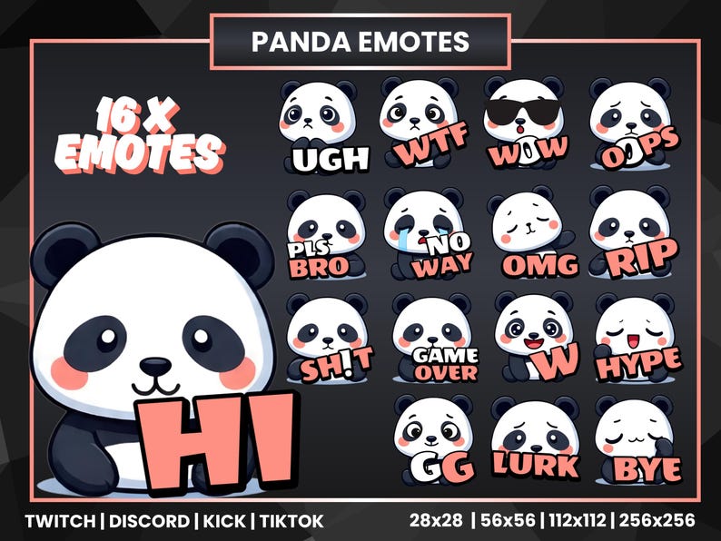 Cute Panda Twitch Emotes Pack | 16x Adorable Panda Stream Emotes for ...