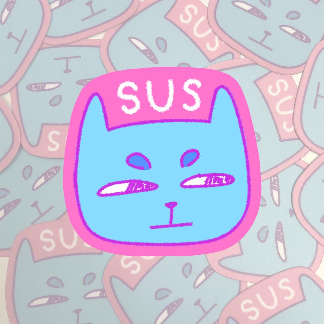 Sus Cat Vinyl Sticker | Cute Neon Cat Suspicious Kitty Sus Blue Purple ...