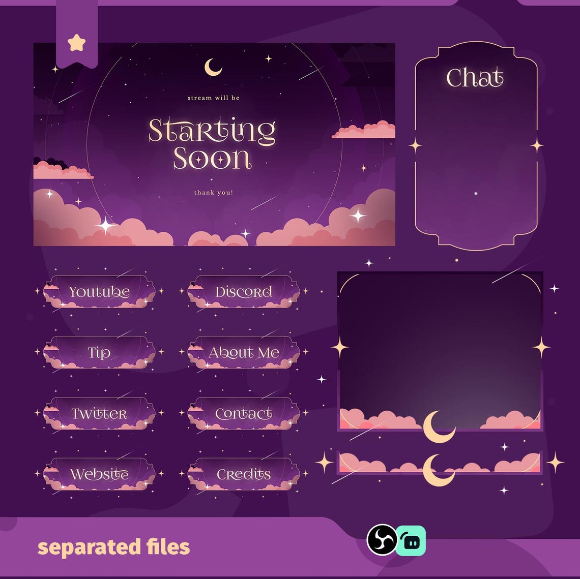 Purple Pastel Stream Pack | Dreamy Night Sky Vtuber Animated Overlay ...