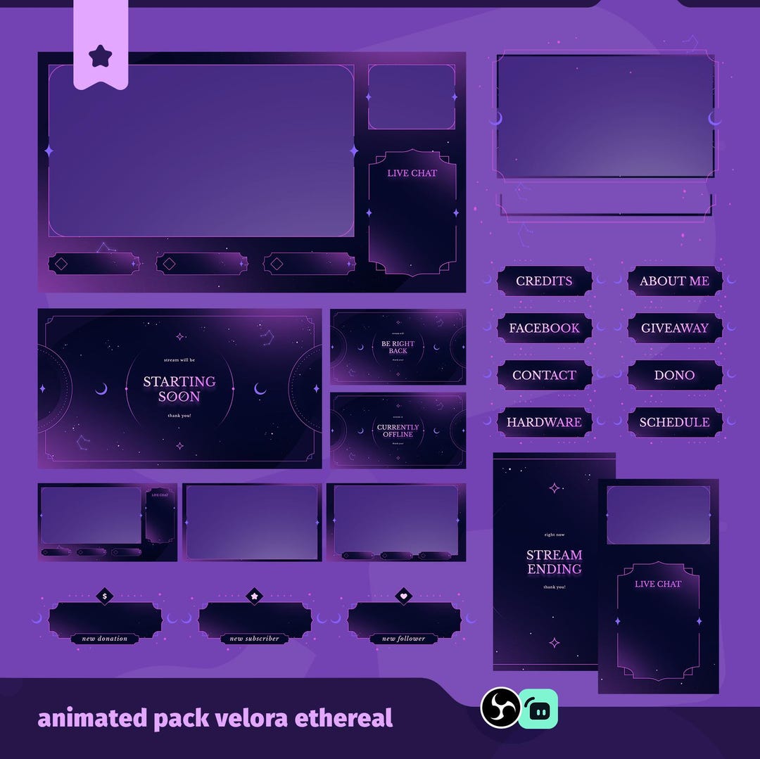 Celestial Purple Animated Stream Pack for Twitch, Tiktok, Kick, Youtube | Aesthetic | Velora ...