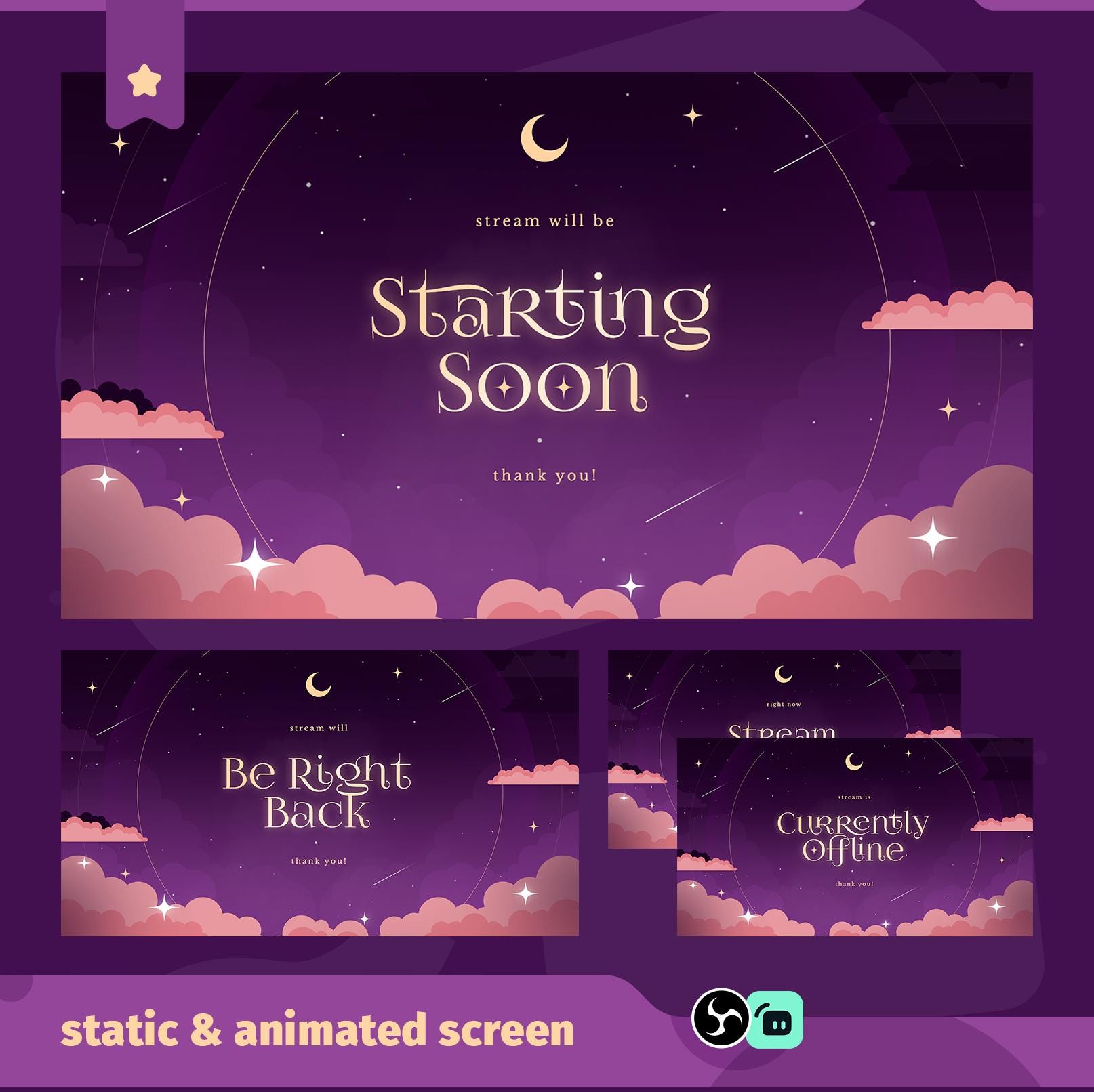 Purple Pastel Stream Pack | Dreamy Night Sky Vtuber Animated Overlay ...